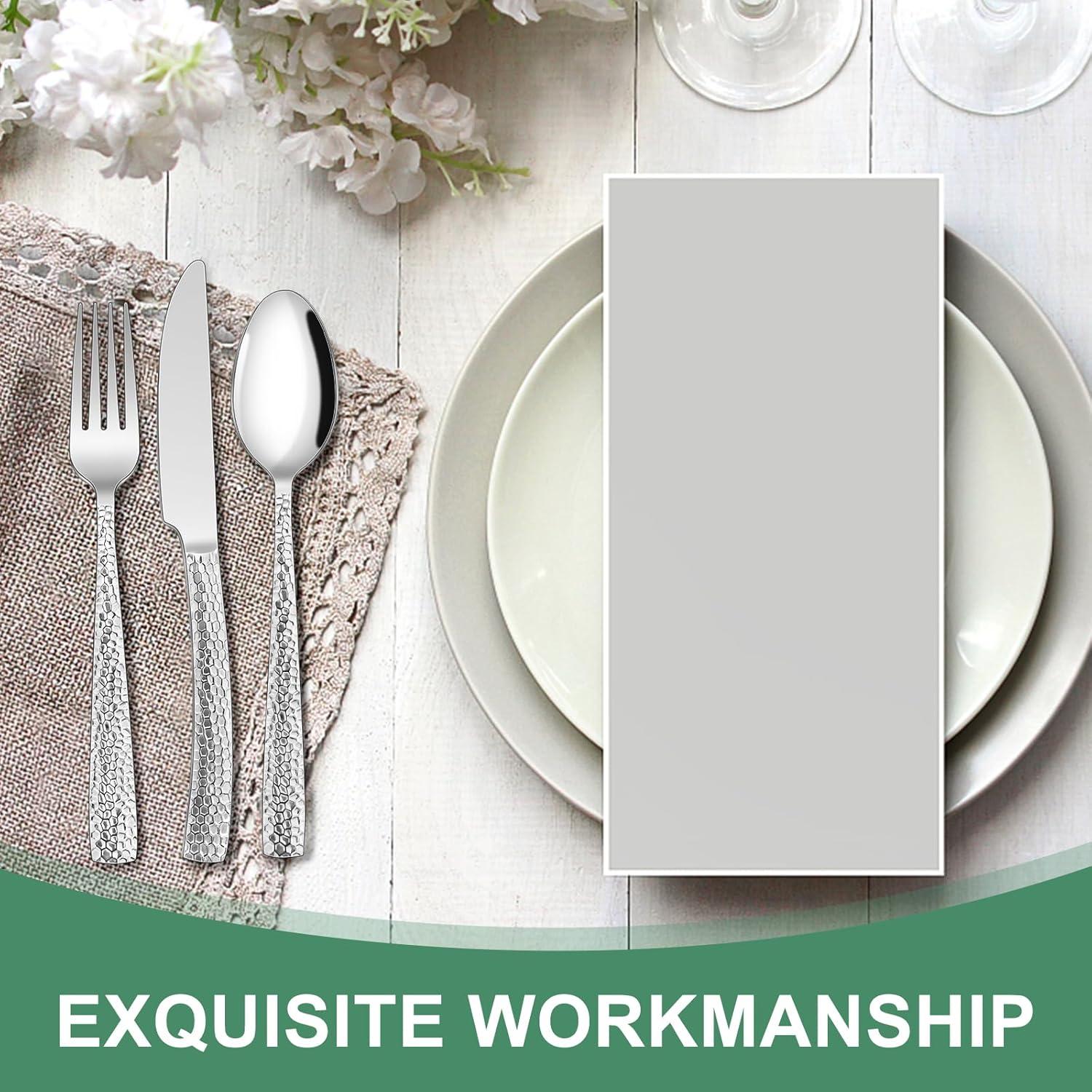 Hammered Silverware Set, 40-Piece Stainless Steel Wave Flatware Set for 8, Food-Grade Tableware ...