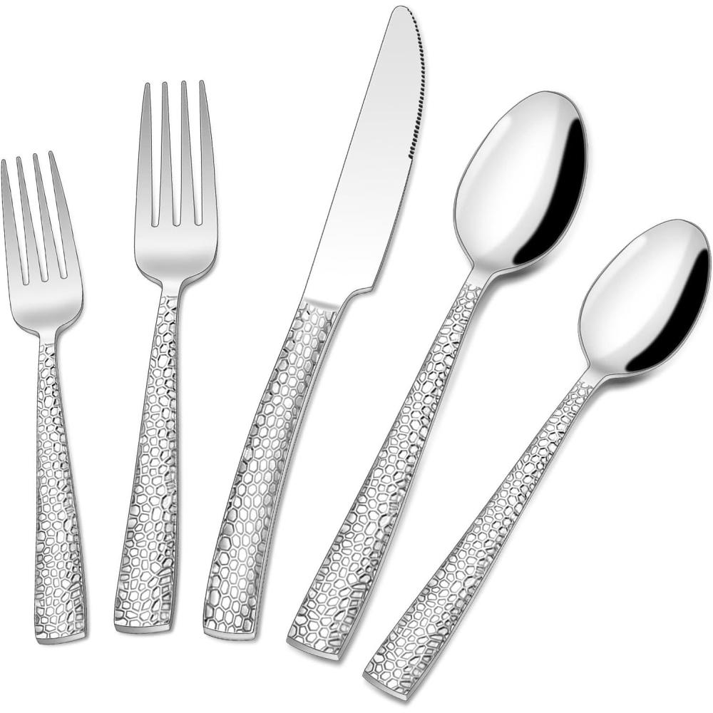 Hammered Silverware Set, 40-Piece Stainless Steel Wave Flatware Set for ...